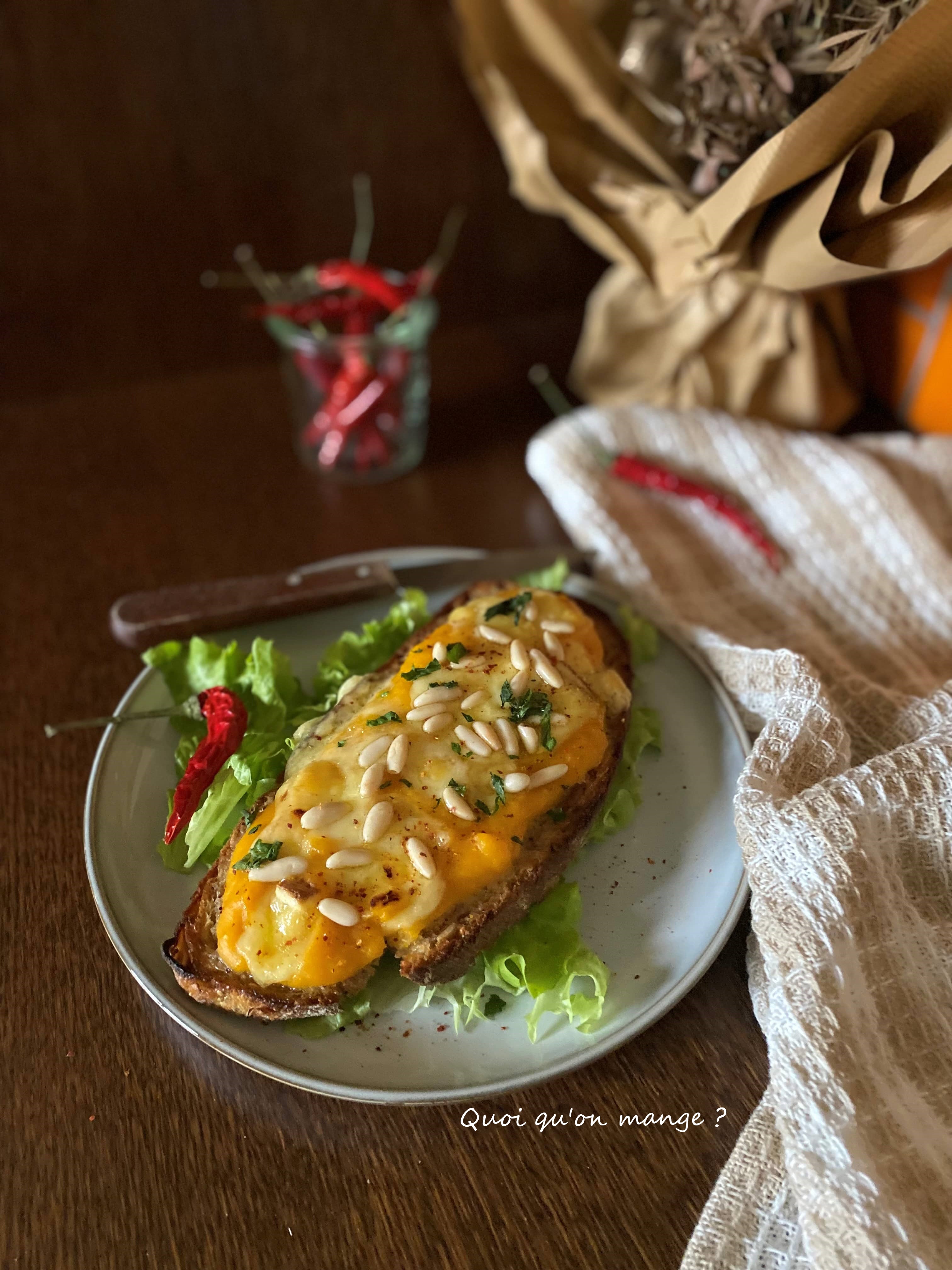 Tartine de pain aux graines – crème de butternut au piment – tomme de ...