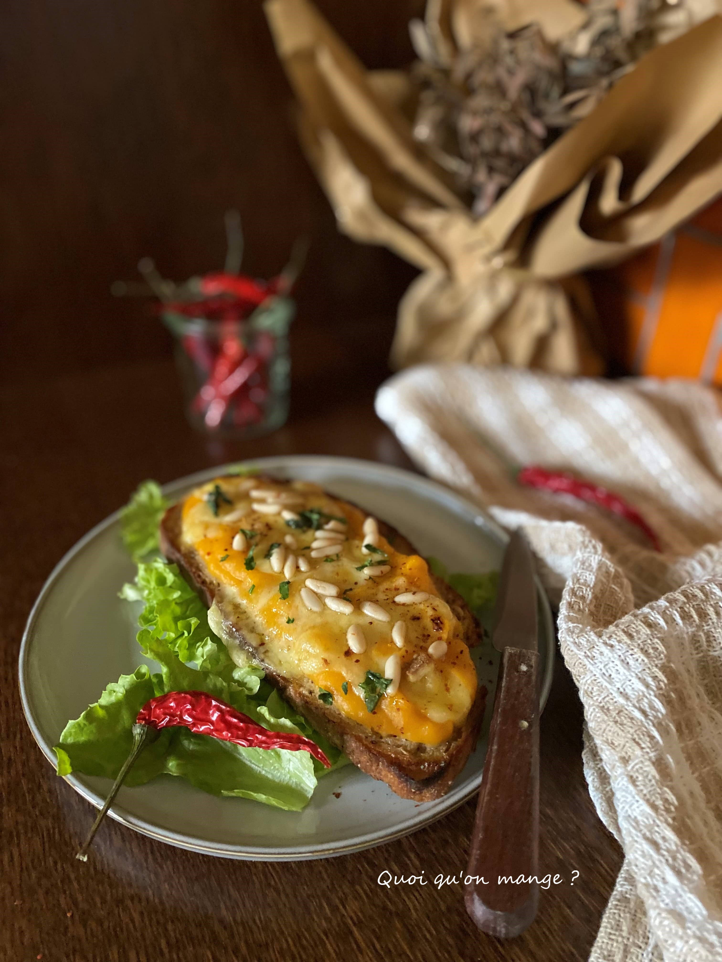 Tartine de pain aux graines – crème de butternut au piment – tomme de ...